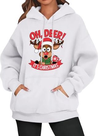 Generic Sweat &agrave; capuche imprim&eacute; graphique pour femme, motif &eacute;lan surdimensionn&eacute;, chandail &agrave; capuche, v&ecirc;tements dautomne et dhiver, pour voyage, blanc, 3XL