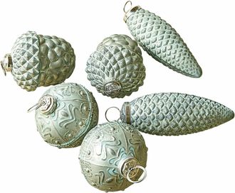 Loberon Weihnachtsschmuck 6er Set Quirat, Weihnachtskugeln, Weihnachtsdekoration, Glas, Messing, H/B/&Oslash; ca. 13/4.5/4.5 cm, gr&uuml;n/Silber