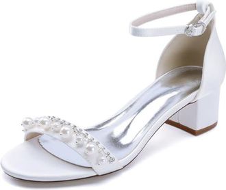 Generic Chaussures De Mari&eacute;e Femme Chunky Heels Sandale Satin Mariage Bout Ouvert Talons Bas Et&eacute; Talon Soir&eacute;e Chaussures4.5Cm,Blanc,35 EU