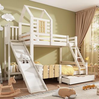 Generic Etagenbett 90x200cm & 140x200cm Wei&szlig; Natur Massivholzbett Kiefer Rutsche Schublade Stauraumbett Doppelstockbett Systembett Hochschl&auml;fer f&uuml;r Erwachsene