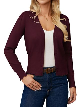 Grace Karin Leichte Sommerjacke Damen Freizeit Einfarbig Blaue Business OL Cardigan mit Kn&ouml;pfen Bolero CL273-06/Rotwein XL