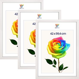 MG Design 3er Set Bilderrahmen A2 42 x 59,4 cm - Posterrahmen mit Wei&szlig; Echtholzrahmen und bruchsicherem Acrylglas, Hoch & Quer mit stabiler Wandaufh&auml;ngung