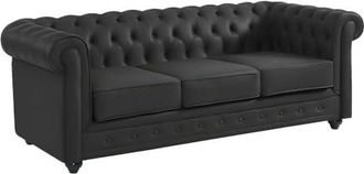 Vente-Unique Canap&eacute; 3 Places en Cuir de Buffle Noir Chesterfield