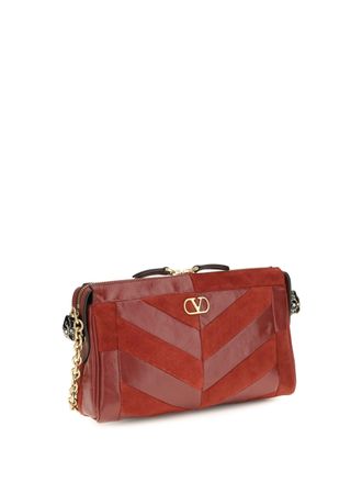 Valentino Garavani Womens Panthea Shoulder Bag Chevron Pattern Russet Red Calf Leather Bos Taurus