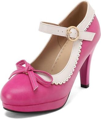 Generic Escarpins Mary Jane &agrave; bout rond pour femme avec noeud color&eacute; et boucle &agrave; talon &eacute;pais pour f&ecirc;te, rose rouge, 38.5 EU