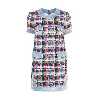 Dsquared2 Kurzes Tweed-Kleid mit Denim-Besatz - - Dresses - Damen - Mehrfarbig - S