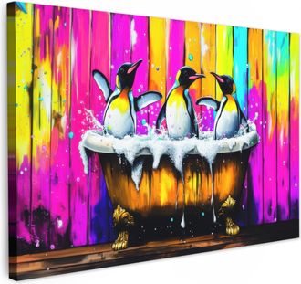 MuchoWow &copy; Leinwandbild 90x60 cm Dekoration Wohnzimmer Bilder Pictures Wall Decoration Living Room Wohnungs Deko Moderne Bild Pinguine - Badewanne - Farbenfroh