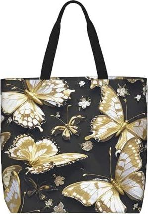 Generic Papillons Blancs Dor&eacute;s Noirs Sac Fourre-Tout Imperm&eacute;able Tote Bag Pliable Sac A Main Femmes Pour Plage Quotidienne Voyage