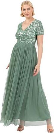 Maya Womens Ladies Dress for Wedding Guest Plus Size Empire High Waist Sequins Short Sleeve Evening Bridesmaid Robe de Demoiselle dhonneur, Deep Mint, 42 F
