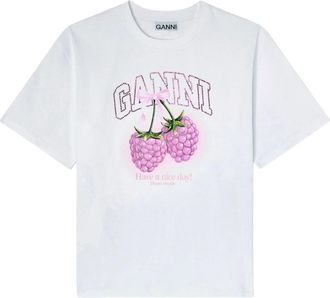Ganni Femme, Tops, Blanc, Taille: 42 FR Rose Logo T-shirt