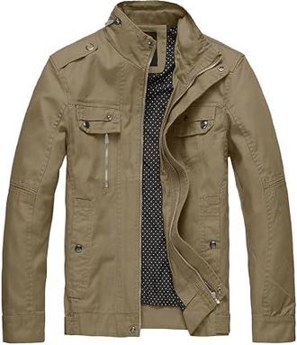 Wantdo Homme Veste Style Militaire Printemps Coupe-Vent Veste Zippée Veste Cargo Classique en Coton Manteau Décontracté Casual Blouson Multipoches Kaki 3XL
