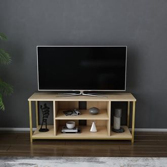 Hanah Home Glamorous TV Stand, Gold & Oak, 120 x 35 x 50.8 cm | 100% Melamine Coated Particle Board, 18 mm Thick, Sturdy Metal Frame | Stylish & Functional Desig
