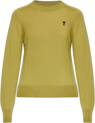 Ami Femme, Pulls, Vert, Taille: 40 FR Pull en Laine avec Logo Brod&eacute;