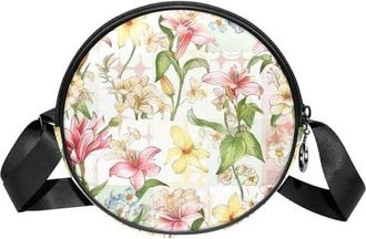 Generic Sac &agrave; bandouli&egrave;re rond pour femme, petit sac &agrave; bandouli&egrave;re Lilies avec fermeture &eacute;clair et bretelles r&eacute;glables Style d&eacute;contract&eacute;
