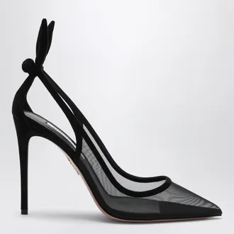Aquazzura Schwarze Bow Tie Pumps aus Mesh und Veloursleder