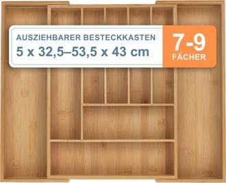 Relaxdays Besteckkasten, 7-9 Fächer, ausziehbarer Besteck Schubladeneinsatz, HxBxT: 5 x 32,5-53,5 x 43 cm, Bambus, Natur