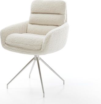 DELIFE Esszimmerstuhl Abelia-Flex mit Armlehnen Teddystoff Beige Kreuzgestell konisch Edelstahl, Esszimmerst&uuml;hle