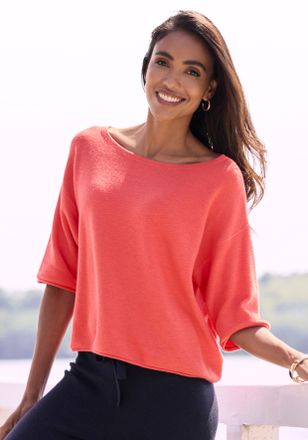 Elbsand 3/4-Arm-Shirt ELBSAND, Damen, Gr. 48/50, rot, Feinstrick, Obermaterial: 55% Baumwolle, 45% Nylon, unifarben, weit h&uuml;ftlang, U-Boot-Ausschnitt, eingese
