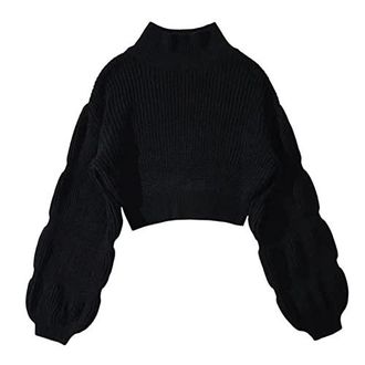 Generic Pull court d&eacute;contract&eacute; &agrave; col roul&eacute; pour femme, coupe d&eacute;contract&eacute;e, manches lanternes, pull en tricot c&ocirc;tel&eacute; rouge, taille S pour le quotidien, le trav