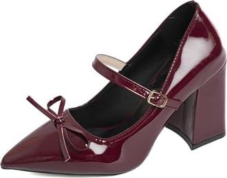 Generic Chaussures Mary Jane à bout pointu pour femme avec noeud décoratif, boucle et sangle à talons hauts pour fête, robe de mariage, rouge vin, 40.5 EU