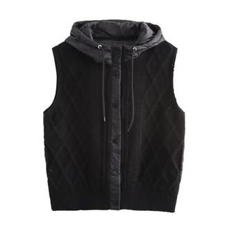 Generic Gilet matelass&eacute; &agrave; capuche en tricot pour femme, veste l&eacute;g&egrave;re rembourr&eacute;e sans manches pour femme, gilet chaud dhiver &agrave; capuche en tricot, Noir, Taille 