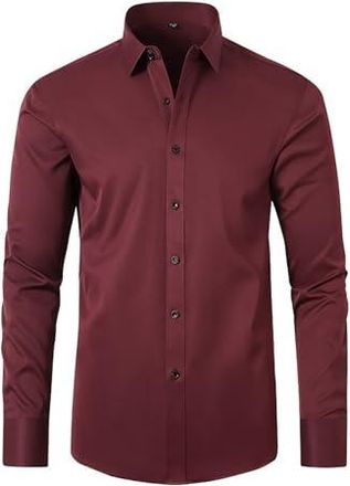 Generic Chemise élastique à manches longues pour homme sans repassage - Col à manches longues - Couleur unie - Bouton - Chemise colorée pour homme, bordeaux, 