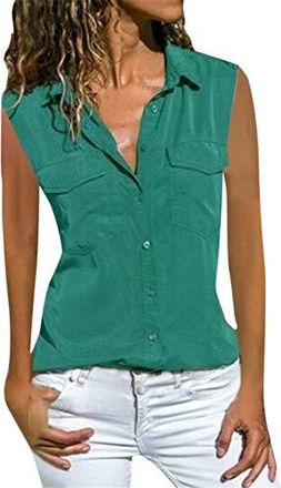 Generic Chemise sans manches pour femme - Chemise boutonn&eacute;e de couleur unie - D&eacute;bardeur confortable - D&eacute;bardeurs d&eacute;contract&eacute;s &agrave; col &agrave; revers avec poches - Che