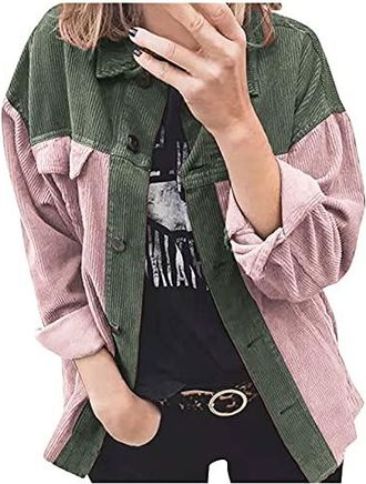 Generic 2026 Vestes pour femmes en velours c&ocirc;tel&eacute; veste dext&eacute;rieur boutonn&eacute;e cardigan baggy manches longues revers &eacute;pissure ample d&eacute;contract&eacute; chemisiers, Vert