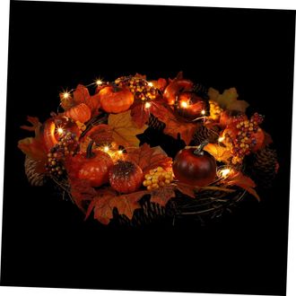 Cabilock 1 St&uuml;ck K&uuml;nstlicher K&uuml;rbis Ahornblatt Herbstkranz mit LED Lichtern H&auml;ngender T&uuml;rkranz f&uuml;r Erntedankfest und Halloween Dekoration f&uuml;r Haust&uuml;r und