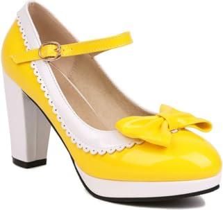 Generic Femmes Vintage Mary Jane Chaussures Chunky Bloc Talon Robe Pompes Arc Rétro Talons De Mariée,Jaune,36 EU