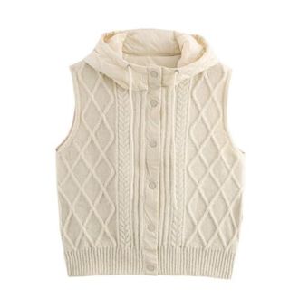 Generic Gilet matelass&eacute; &agrave; capuche en tricot pour femme, veste l&eacute;g&egrave;re rembourr&eacute;e sans manches, style r&eacute;tro d&eacute;contract&eacute;, blanc, Taille unique