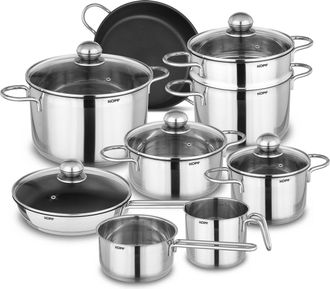 Kopf Topfset Josie aus Edelstahl - Induktionstöpfe mit Schüttrand, Literskala und Glasdeckel - 14-teilig