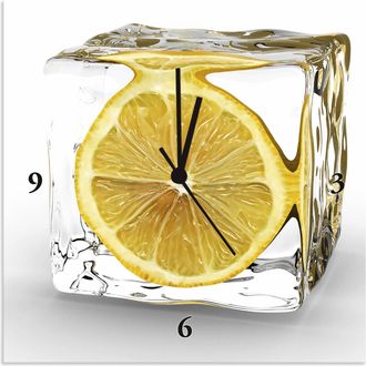 Artland Wanduhr ohne Tickgeräusche Alu Funkuhr 30x30 cm Quadratisch Lautlos Obst Früchte Zitrone im Eiswürfel Frucht Kreativ T5XT