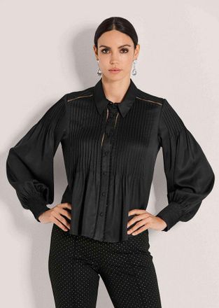 Madeleine Langarmbluse Elegante Viskosebluse mit Knopfleiste Zierband und Biesen, Hemdkragen, lange &Auml;rmel