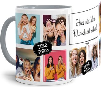 Tassendruck Foto-Tasse selbst gestalten mit Text & Collage f&uuml;r 8 Fotos - Geschenk f&uuml;r Familie, Freunde, Geburtstag, Weihnachten - Keramik Innen & Henkel Grau, 300