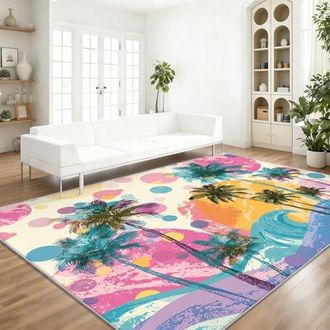 Generic Tapis &agrave; Motif Palmier Tropical Aquarelle Grand Antid&eacute;rapant &agrave; Poils Courts Doux Chambre Poil Ras de Sol Color&eacute;, 160 x 230 cm
