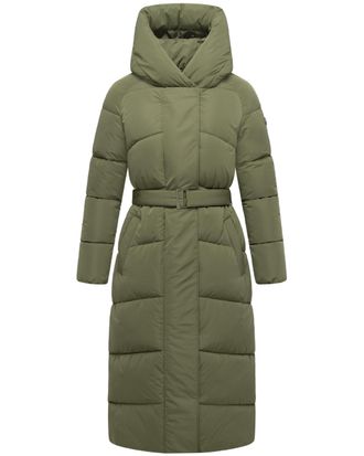 Navahoo Damen Extralanger Wintermantel warmer Steppmantel mit Tailleng&uuml;rtel Eisblick 14 Olive Leaf Gr. S