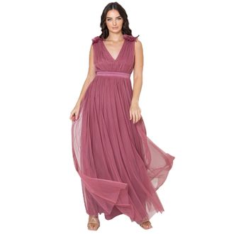 Maya Damen Maya Deluxe Womens Maxi With Ruffle V Neck Sleeveless High Empire Waist Long Prom Guest Weddi Bridesmaid Dress, Desert Rose, 42 EU