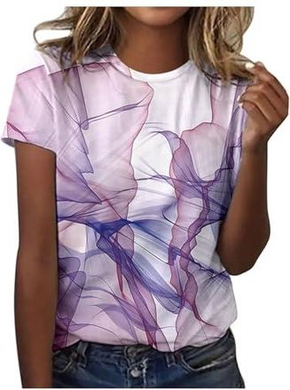 Generic T-shirt pour femme Printemps et &Eacute;t&eacute; Color&eacute; Imprim&eacute; Manches Courtes O-Neck, Rose, XXL