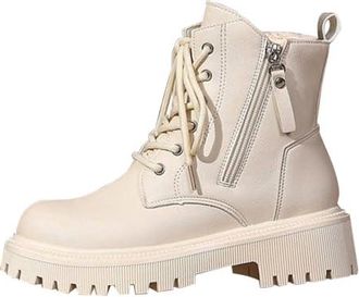 Generic Elegant Bottines Femme Plates Bottes en Cuir Doublure Chaude Polaire Lacets Fermeture Éclair Semelle Épaisse Antidérapante Tendance Style Britannique 