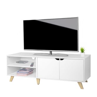 Relaxdays TV-Lowboard, 6 F&auml;cher, TV-Schrank bis 60 Zoll, HBT: 50 x 140 x 40 cm, Fernsehtisch mit Kabelf&uuml;hrung, wei&szlig;
