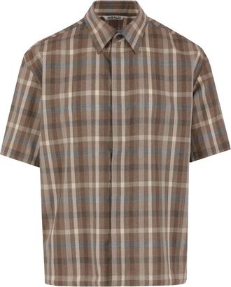 Auralee Homme, Chemises, Brun, Taille: 2XL Chemise &agrave; Manches Courtes en Laine Tropicale Super Fine &agrave; Carreaux
