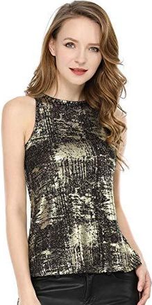 Allegra K D&eacute;bardeur M&eacute;tallique Femme Haut Brillant m&eacute;tallis&eacute; sans Manches Top pour Costume dhalloween Noir M