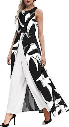 Generic Combinaison Noir Femme - Nouvelle Combinaison De Robe De Couleur De Contraste De Corps De Forme De Col Rond sans Manches DéContractéE Salopette Grosse