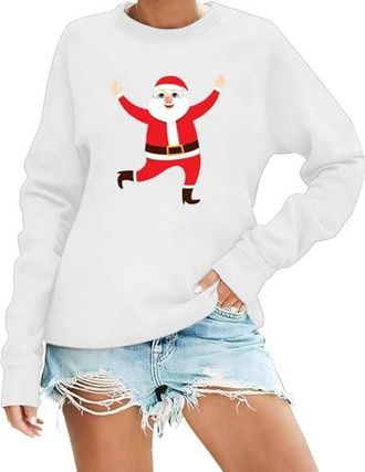Generic Sweat-shirt de Noël pour femme - Pull de Noël moche amusant à col rond - Pull décontracté à manches longues - Imprimé Père Noël mignon - Chemisier pou