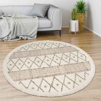 Paco Home Paco Home Tapis Salon Chambre Adulte Poils Ras Motif Boho Motif Geometrique Franges 160 cm rond, Cr&egrave;me
