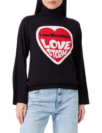Love Moschino Womens Long Raglan Sleeved with Love Storm Heart Jacquard Intarsia Pullover Sweater, Black, 38