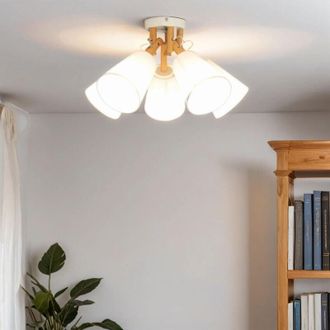 Licht-Erlebnisse Plafonnier VAIO Blanc 5 flammes tissu bois