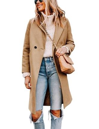 Generic Trench mi-long en laine m&eacute;lang&eacute;e &agrave; double boutonnage avec col &agrave; revers, convient pour une tenue d&eacute;contract&eacute;e dhiver, kaki, XXL