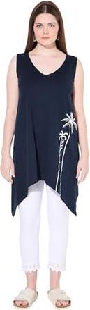 Ulla Popken Top, Zipfelsaum, V-Ausschnitt, Ärmellos, Biobaumwolle Haut zippé avec imprimé Palmier, Marine, 50-52 Femmes